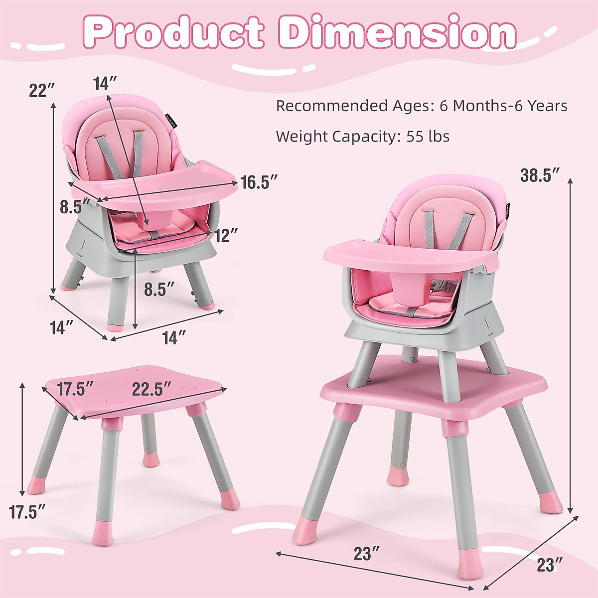 HONEY JOY 8 in 1 Baby High Chair, Convertible Highchair for Babies and Toddlers/Table and Chair Set/Building Block Table/Booster Seat/Stool/Toddler Chair with Safety Harness (Pink)
