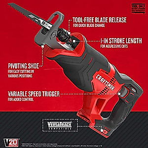 ​​CRAFTSMAN V20 Reciprocating Saw, Cordless, 3,000 RPM, Variable Speed Trigger, Quick Easy Blade Change, Bare Tool Only (CMCS300B)