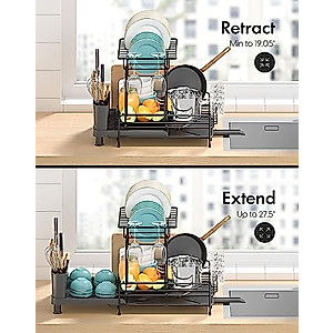 ACMETOP Dish Drying Rack, Expandable 2 Tier Large Dish Rack for Kitchen Counter, Rustproof Dish Dryer Rack with Drainboard, Cutlery & Cup Holders, Dish Drainer for Dishes, Knives, Spoon, Black