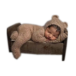 Vemonllas Newborn Photography Props Boys Girls Outfits Mohair Bear Hat Bonnet & Footed Romper Bodysuit Photoshoot Costume Set (Camel)