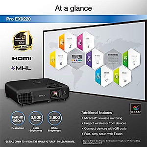 Epson Pro EX9220 1080p+ WUXGA 3,600 lumens color brightness (color light output) 3,600 lumens white brightness (white light output) wireless Miracast HDMI MHL 3LCD projector