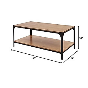 Coral Flower Modern 48 Inch Wood Board Coffee Table for Living Room with Industrial Design Farmhouse Style, Sturdy Metal Frame, and Bottom Storage Shelf，Brown.