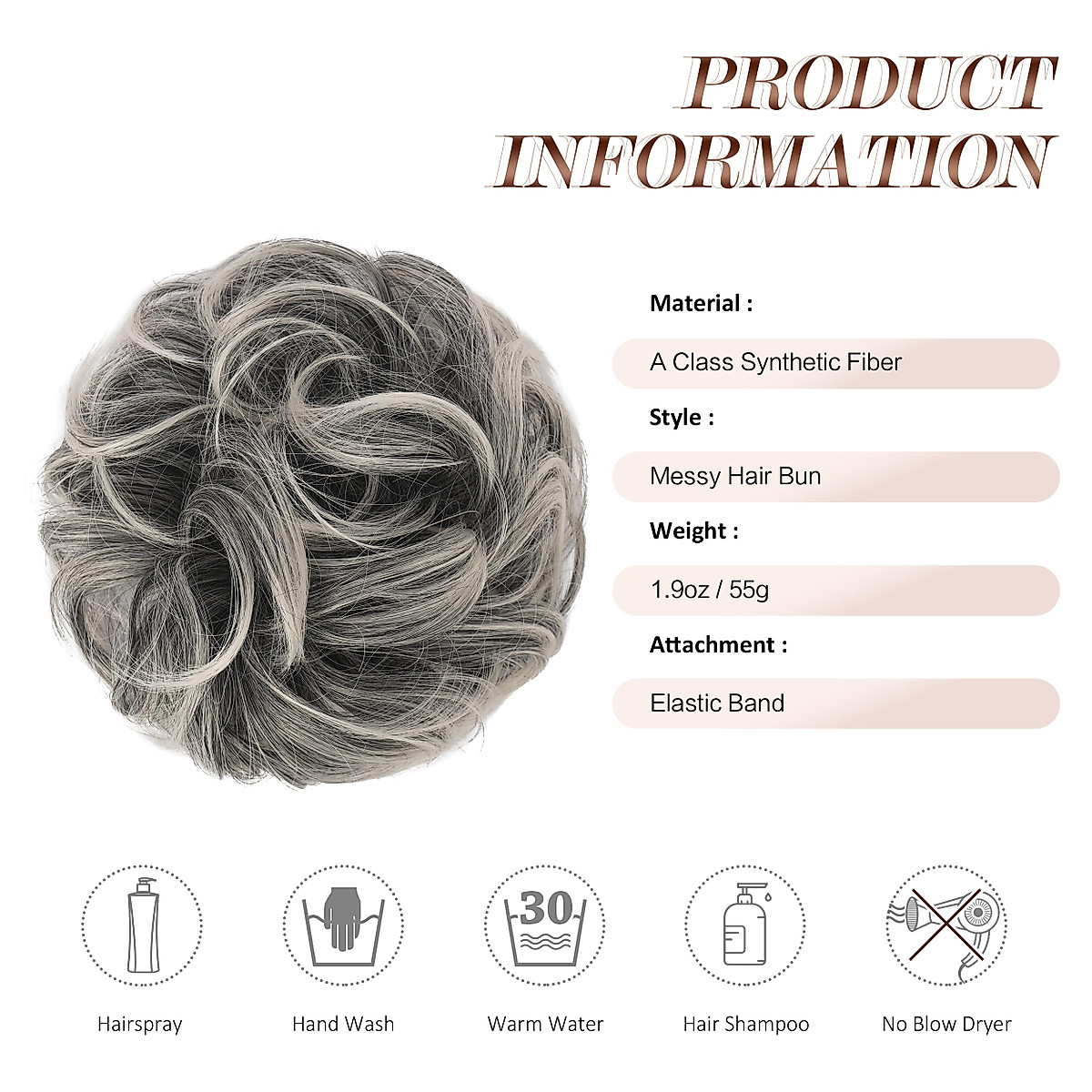 FESHFEN Messy Bun Hair Piece - Large Wavy Curly Elastic Hair Bun Scrunchies Ponytail Extensions Synthetic Chignon Hairpieces for Women, Gray and White Tips 1.94oz