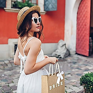 Cunno 3 Pcs Bride Tote Bag Jute Bridesmaid Gift Bag Heart Shaped Sunglasses Ribbon Set for Bachelorette Wedding Gift (Bride)