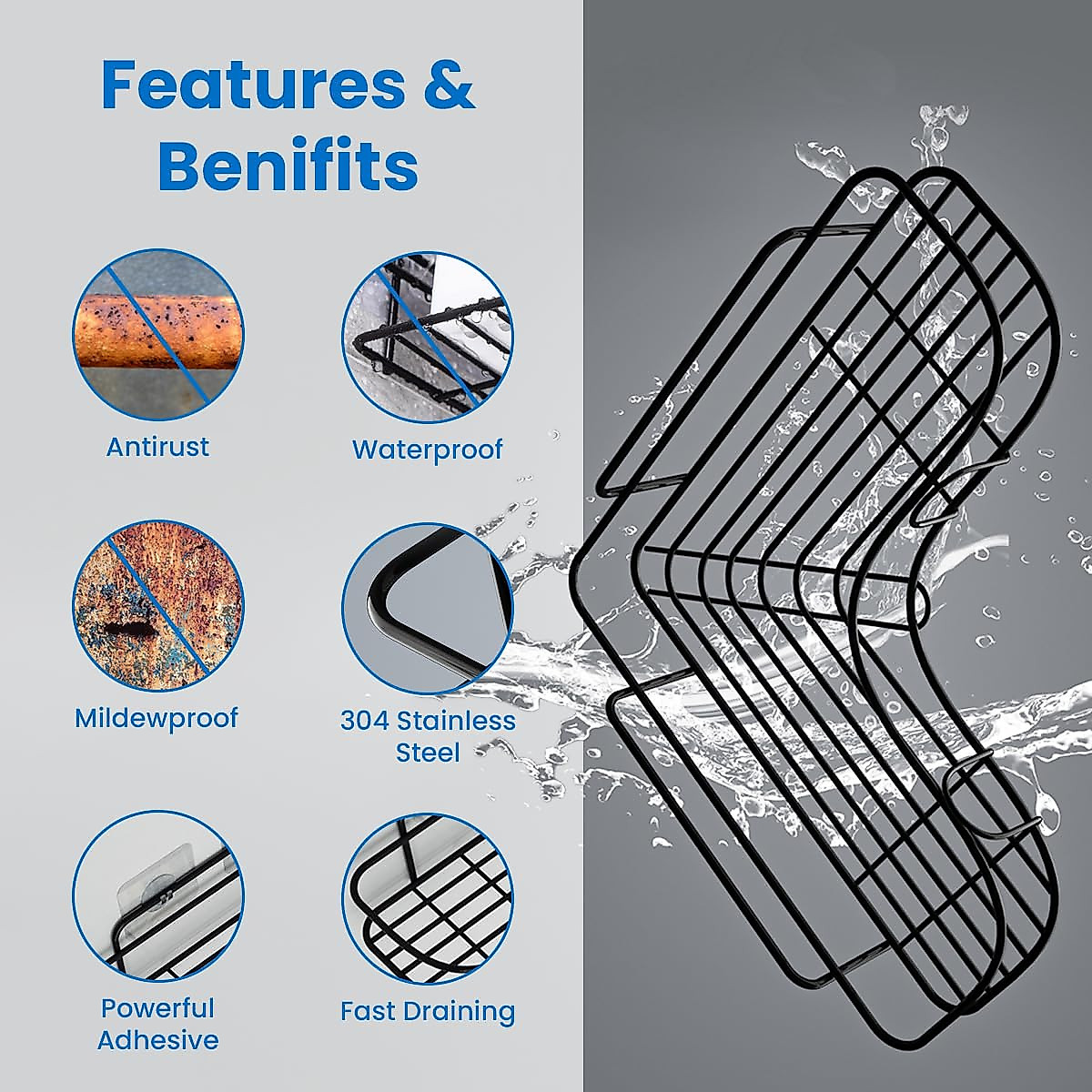 AMerryApple - Shower Caddy-2 Pack | Shower Shelf for Inside Shower | Shower Organizer Corner | Strong Adhesive Shower Shelves | Large Storage Capacity - Corner Shower Caddy