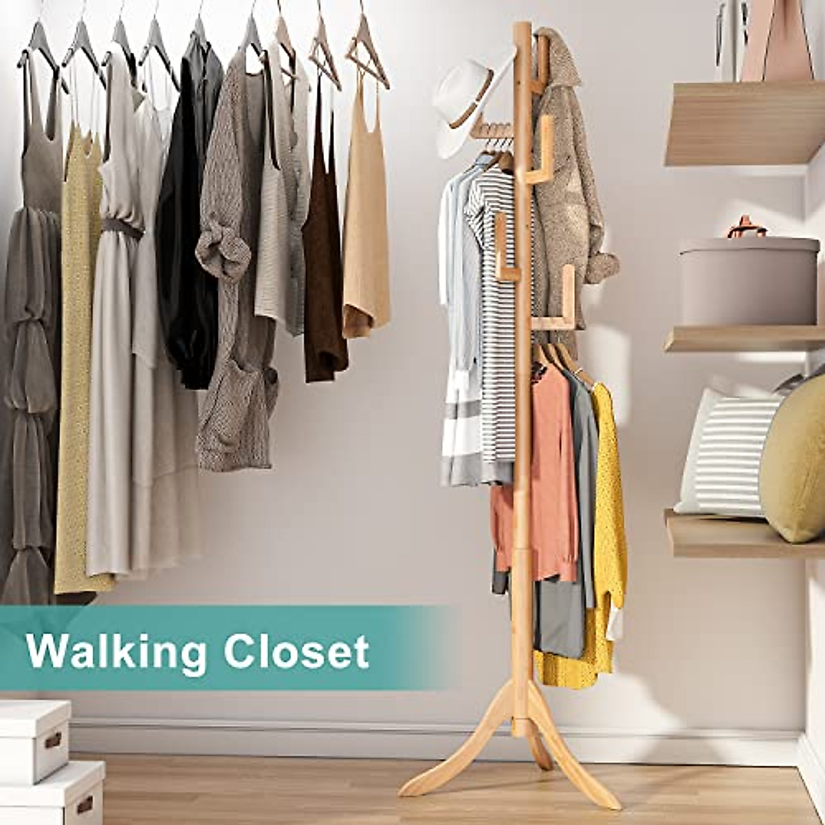 Vriccc Coat Rack Freestanding, Bamboo Cactus Coat Tree, Adjustable Height Wooden Coat Stand with 6 Hooks, kids coat rack, Used In The Bedroom Living Room, Office To Hang Clothes, Hats, Bags