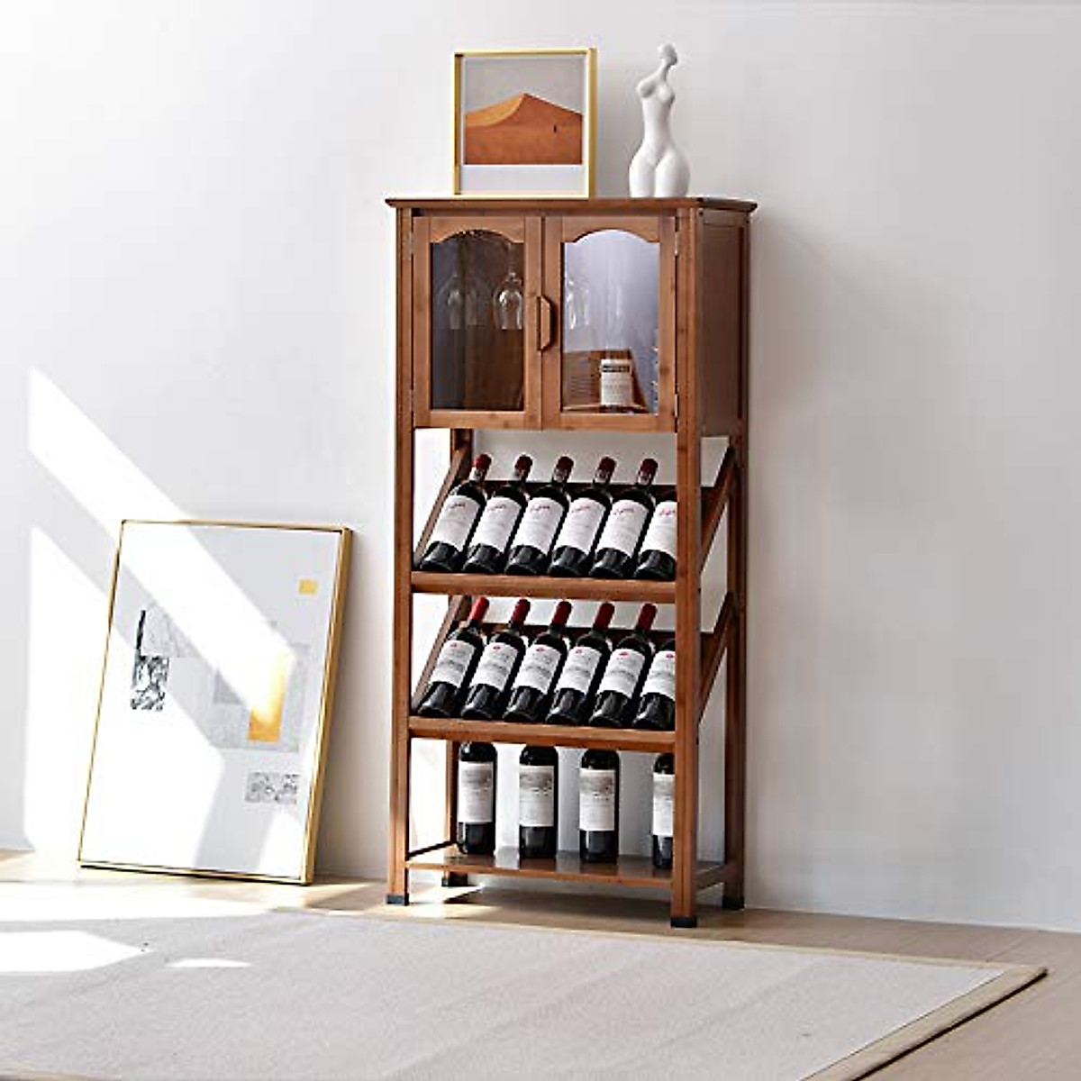 WITANHURST Mini Home Bar Cabinet with Wine Glass Storage, Bamboo Wine Cabinet Bar Furniture Wine Storage Racks Shelf Bottles Holder Organizer, Wine Glass Rack Holds 6 Stemmed Wine Glasses