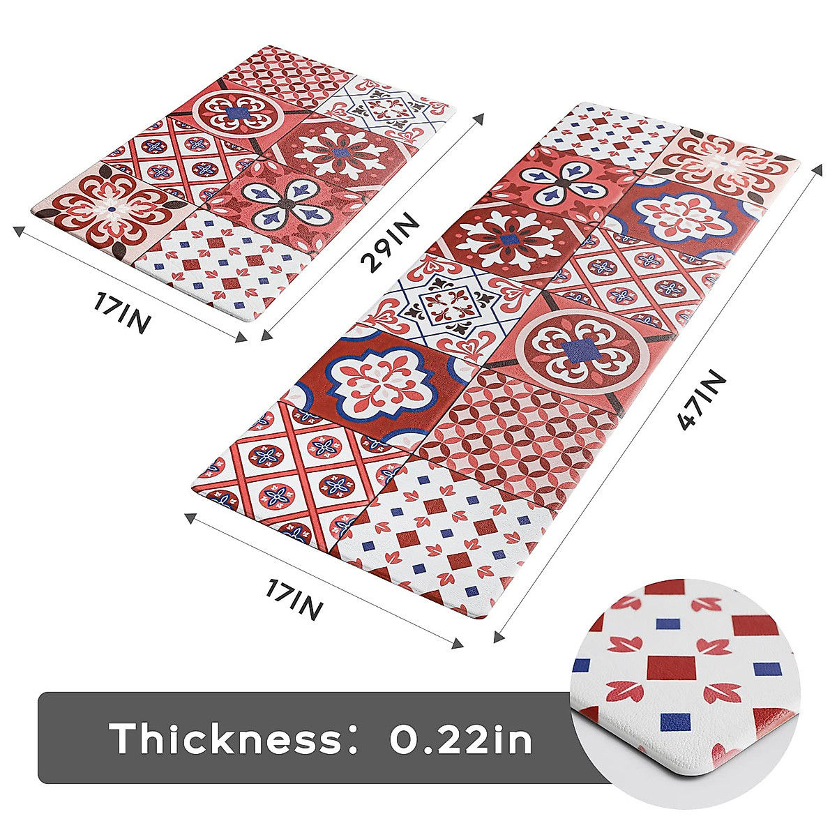 Ashler Kitchen Mats Anti-Fatigue Kitchen Rugs, Non-Slip Waterproof Kitchen Floor Mats, 2PCS Ergonomic Comfort Foam Standing Rug for Kitchen, Office, Floor, Laundry, Sink, 17x47 in & 17x29 in, Red