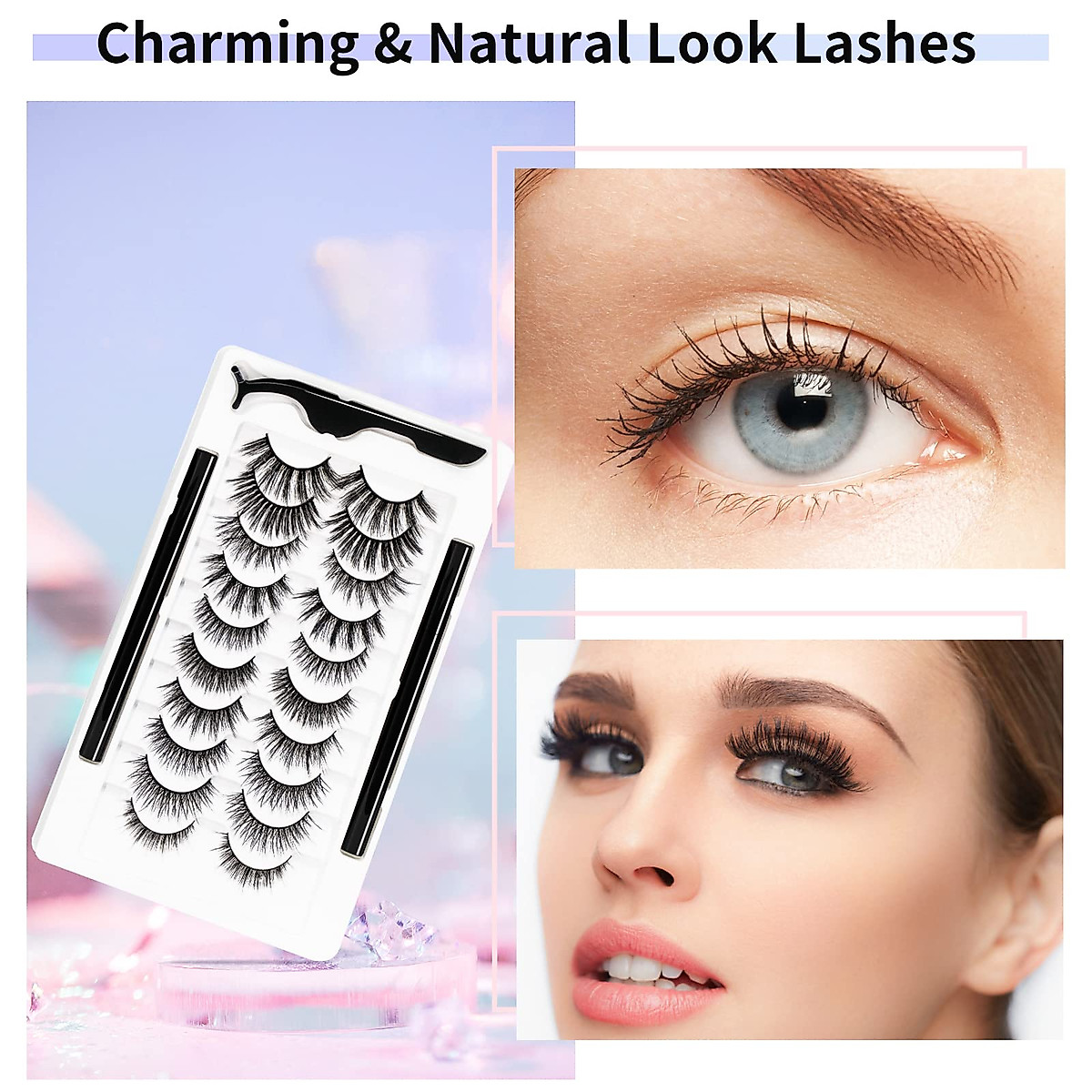 Magnetic Eyeliner with Eyelashes, Lashes Natural Look, Reusable False Eyelashes with 2 Magnetic Eyeliners & Tweezers - Easy to Wear