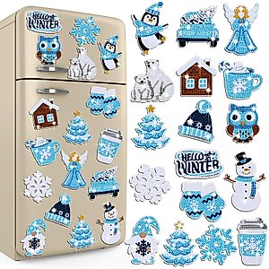 16 Pcs Winter Magnet Diamond Art for Refrigerator Christmas Diamond Painting Magnets DIY Winter Penguin Snowflake Gnome Magnets Diamond Painting Kits Xmas Fridge Magnet Decals for Kids Adults Crafts