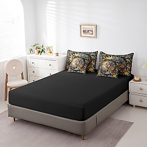 jejeloiu Sun Moon Queen Comforter Set with Sheets Boho Exotic 7 Pieces Bedding Set for Kids Boys Girls Teens Room Decor Floral Print Bohemian Bed in a Bag Queen Size Galaxy Bed Set