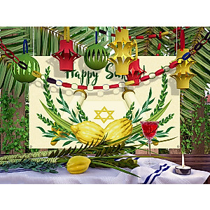 Pudodo Happy Sukkot Backdrop Banner Sukkah Etrog Lulav Jewish Holiday Party Religious Photography Background Wall Decoration