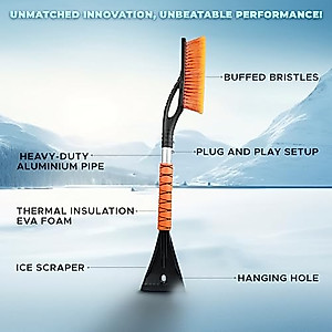EcoNour 27" Aluminum Snow Brush with Ice Scrapers for Car Windshield and Window | Car Snow Scraper and Brush with Ergonomic Foam Grip Winter Accessories (Orange)