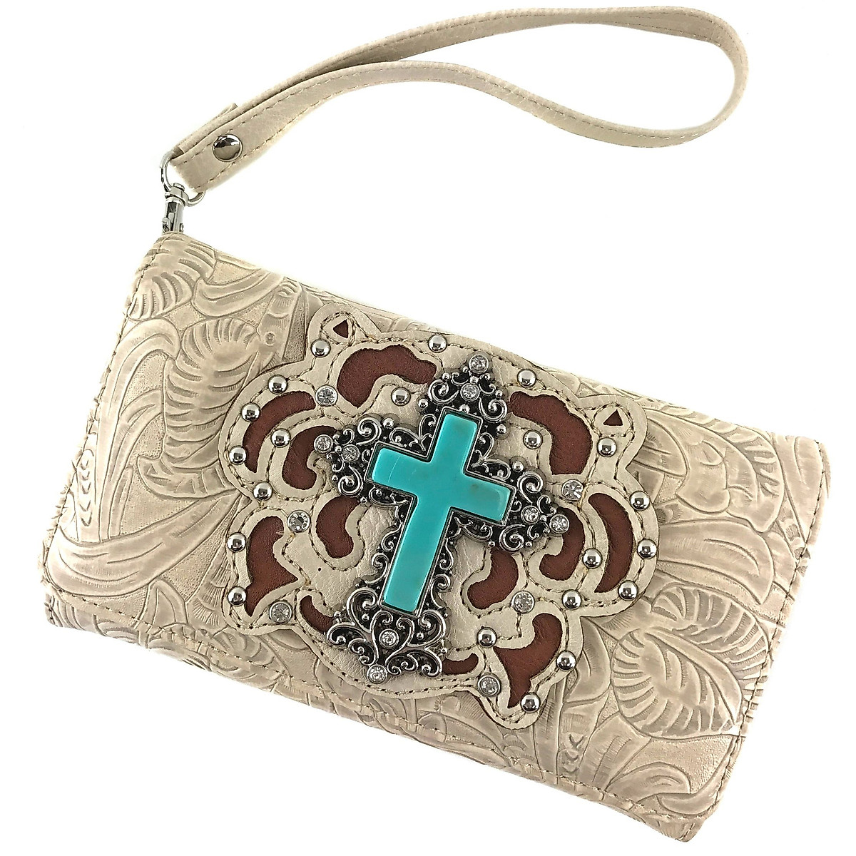 Justin West Embroidery Floral Glittering Bling Rhinestone Cross Shoulder Concealed Carry Handbag Purse Trifold Wallet (Black Hot Pink Wallet)