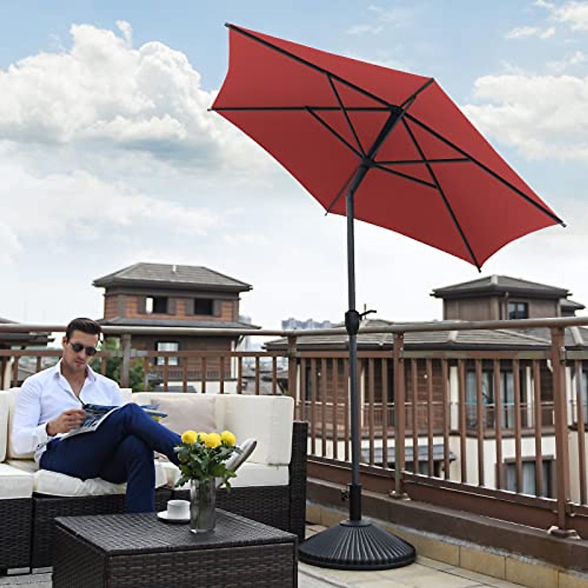 Gardesol 7.5 FT Patio Umbrella, Outdoor Market Umbrella with Push Button Tilt/Crank, 6 Sturdy Ribs, Fade Resistant, UV Protection, Solution-Dyed Fabric, Outdoor Table Umbrella for Decks, Backyard, Pool, Red