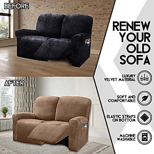 ULTICOR Reclining Love Seat Slipcover, 48" - 65" L, 6-Piece Velvet Stretch Loveseat Reclining Sofa Covers, 2 seat Love seat Recliner Cover, Thick, Soft, Washable (Sand)