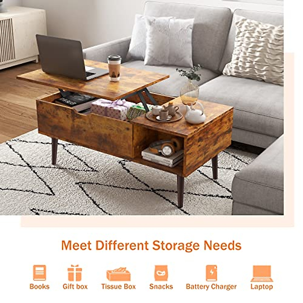 Sweetcrispy Living Room Coffee Table, Retro Brown