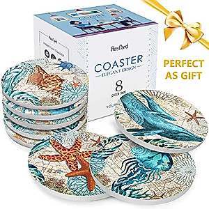 Absorbent Coasters Stone Coaster Set of 8, Cork Base, with Holder, RayPard Beach Theme Sea Life Coastal Coasters for Housewarming Apartment Kitchen Room Bar Decor ,Ocean Life(Black Holder)