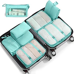 8 Set Packing Cubes for Suitcases,Packing Cubes with Shoe Bag, Cosmetics Bag, Clothing Bag, Accessories Bags Packing Cubes for Travel Luggage Organizer Women Men(Blue-Green)