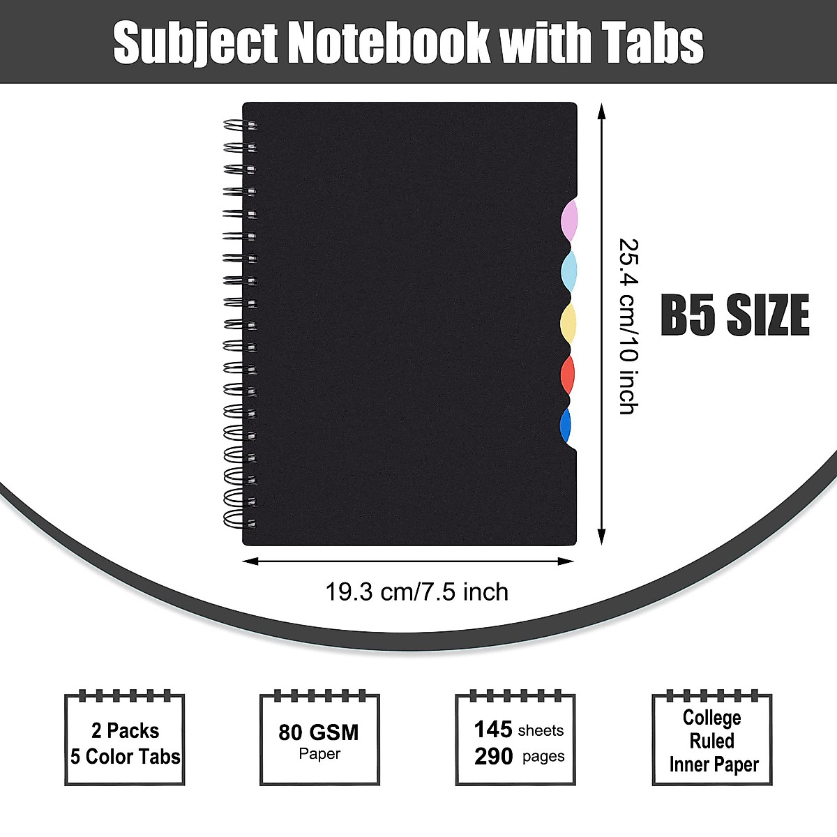 EOOUT 2 Pack Multi Subject Notebook, Spiral Notebook College Ruled with Tabs, 7.5”×10”, Lined Journals with Dividers, 290 Pages, for Gifts, School Office Supplies