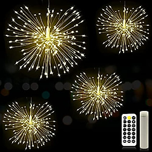 Firework Lights - MUSUNIA 120 LED Copper Wire Starburst Light, with Rechargeable Power Bank, 8 Remote Control Modes, 4 Piece Set of Christmas Party Garden Decoration