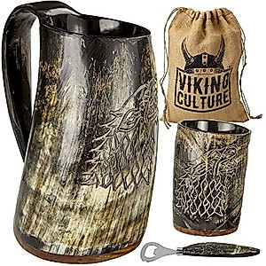 Viking Culture Ox Horn Mug, Shot Glass, and Bottle Opener (3 Pc. Set) Authentic 16-oz. Ale, Mead, and Beer Tankard | Vintage Stein with Handle | Custom Intricate Design - Natural Finish | Wolf/Fenrir