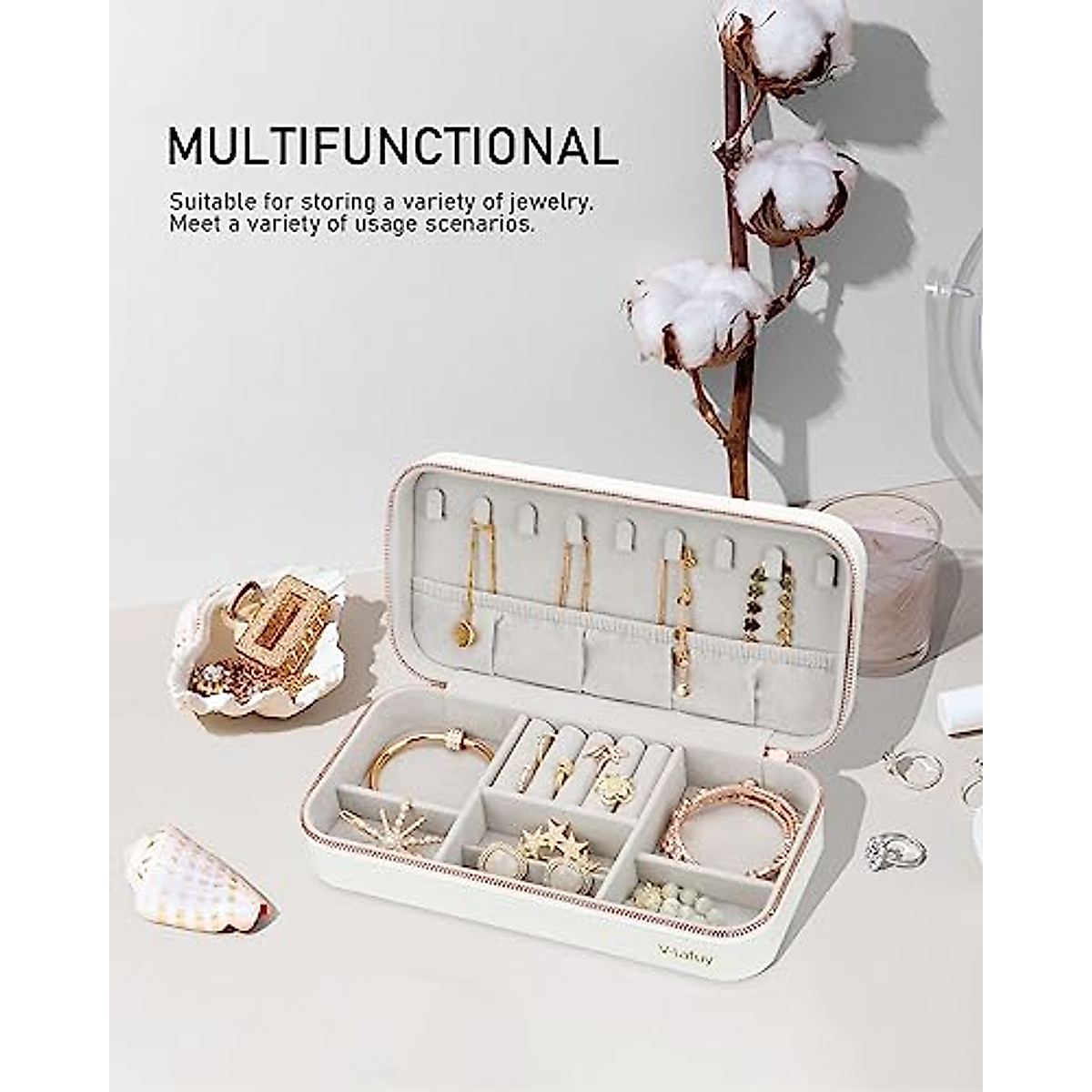 V-LAFUY Jewelry Box Small Jewelry Boxes, PU Leather Portable Travel Jewelry Case, Large Capacity for Rings Earrings Necklaces Bracelets Watch, White C