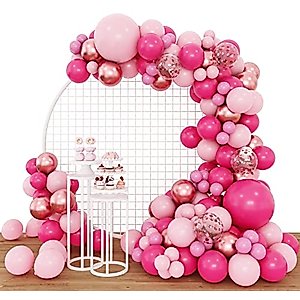 RUBFAC Pink Balloon Arch Garland Kit, Hot Pink Rose Gold Chrome Balloons for Birthday Shower Princess Theme Party Background Decorations