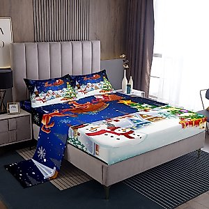 Manfei Christmas Sheet Set Full Size Snowman Christmas Tree Print Bed Sheet Set 4pcs with Deep Pocket Fitted Sheet + Flat Sheet + 2 Pillowcases Santa Claus with Reindeer Bedding Set for Kids Girls