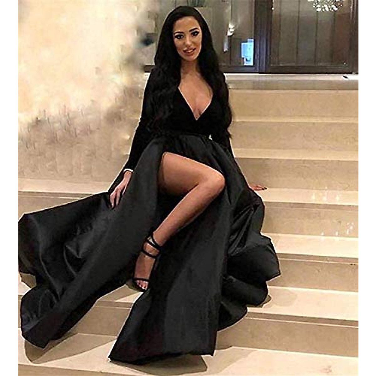 LL Bridal Long Satin Velvet Prom Dresses V Neck Long Sleeve High Slit Formal Evening Party Gowns Red-12