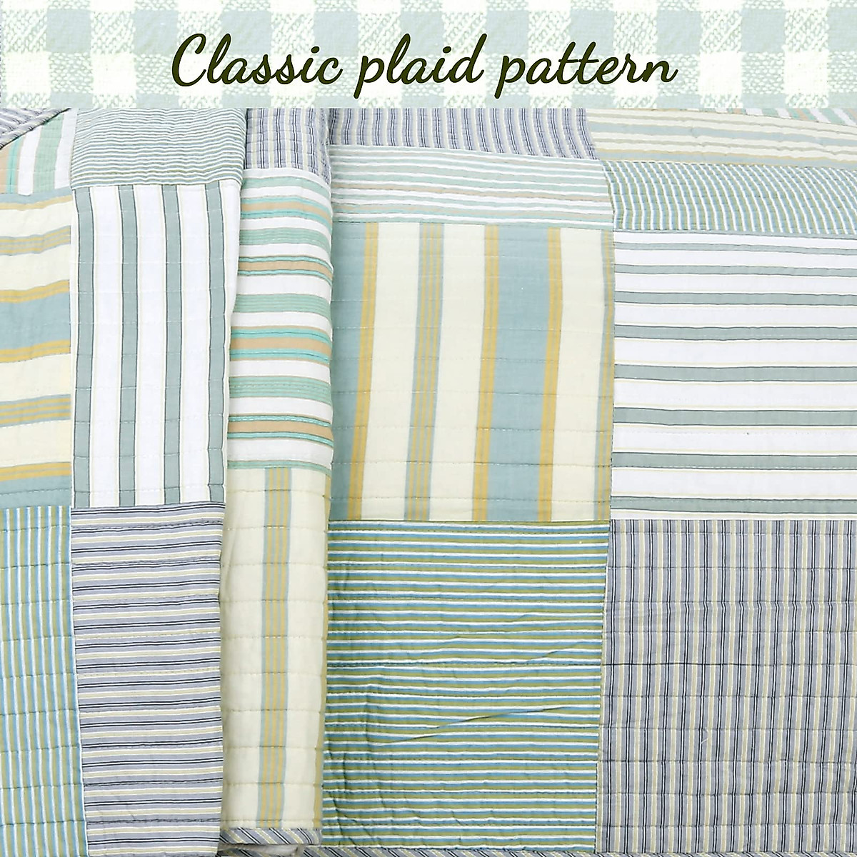 Cozy Line Home Fashions Green Yellow Blue Plaid Striped Real Patchwork 100% Cotton, Reversible Coverlet, Bedspread, Quilt Bedding Set (Green Patchwork, Twin - 2 Piece)