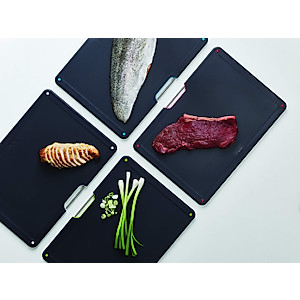 Joseph Joseph Folio 4-Piece Color coded Cutting Board Set, Steel Slimline Case for Organized Kitchen Storage, Large, Carbon Black
