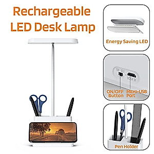 LED Small Desk Lamp, AXX Desk Lamps for Home Office, White Desk Light for Kids, Desktop/Computer Study Lamps for Bedrooms, Rechargeable, Battery Operated, Pen Holder, Adjustable Gooseneck Reading Lamp