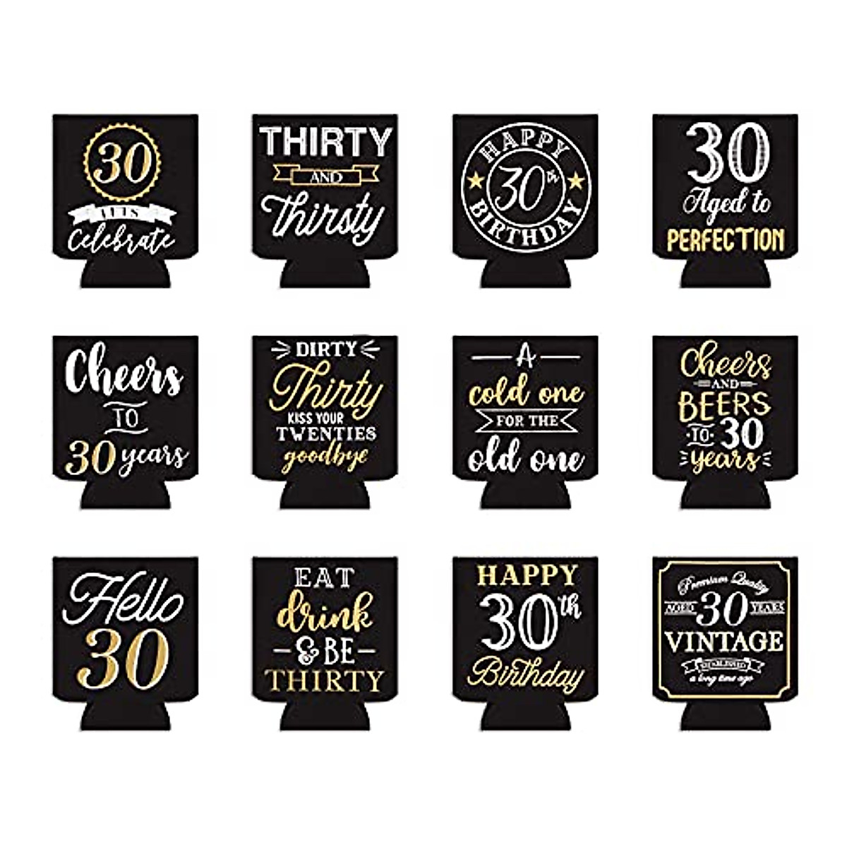 30th Birthday Beer Can Cooler Sleeves Cheers to 30 Years Variety (12 Pack)