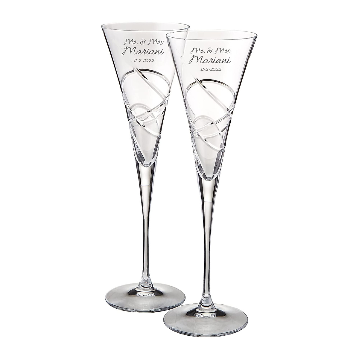 Lenox Bridal Personalized Adorn Wedding Champagne Flutes, Set of 2 Custom Engraved Crystal Champagne Toasting Glasses for Bride and Groom, Wedding, Anniversary, and More, 835161