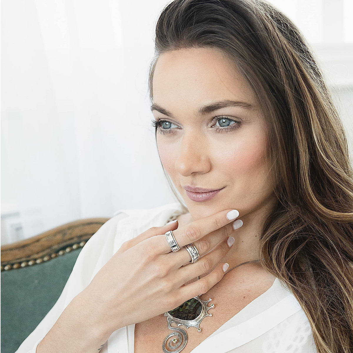 ENERGY STONE Seven Om Narrow Band Sterling Silver Meditation Spinner Ring (Style US39) (7)