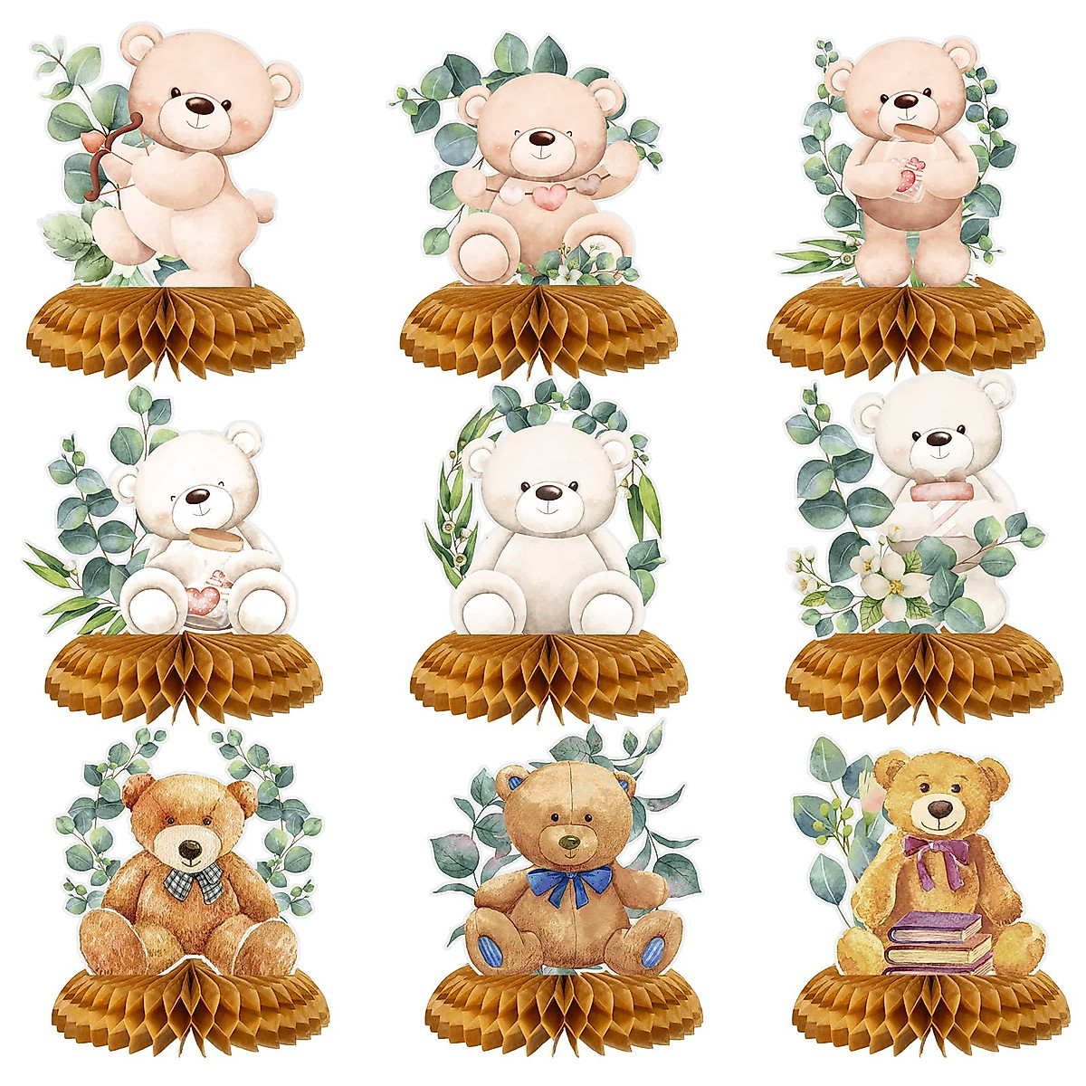Kajaia 9 Pieces Bear Baby Shower Honeycomb Centerpieces Paper Bear Table Decorations Bear Baby Shower Decorations Table Toppers for Birthday Party Favors Supplies, 9 Styles