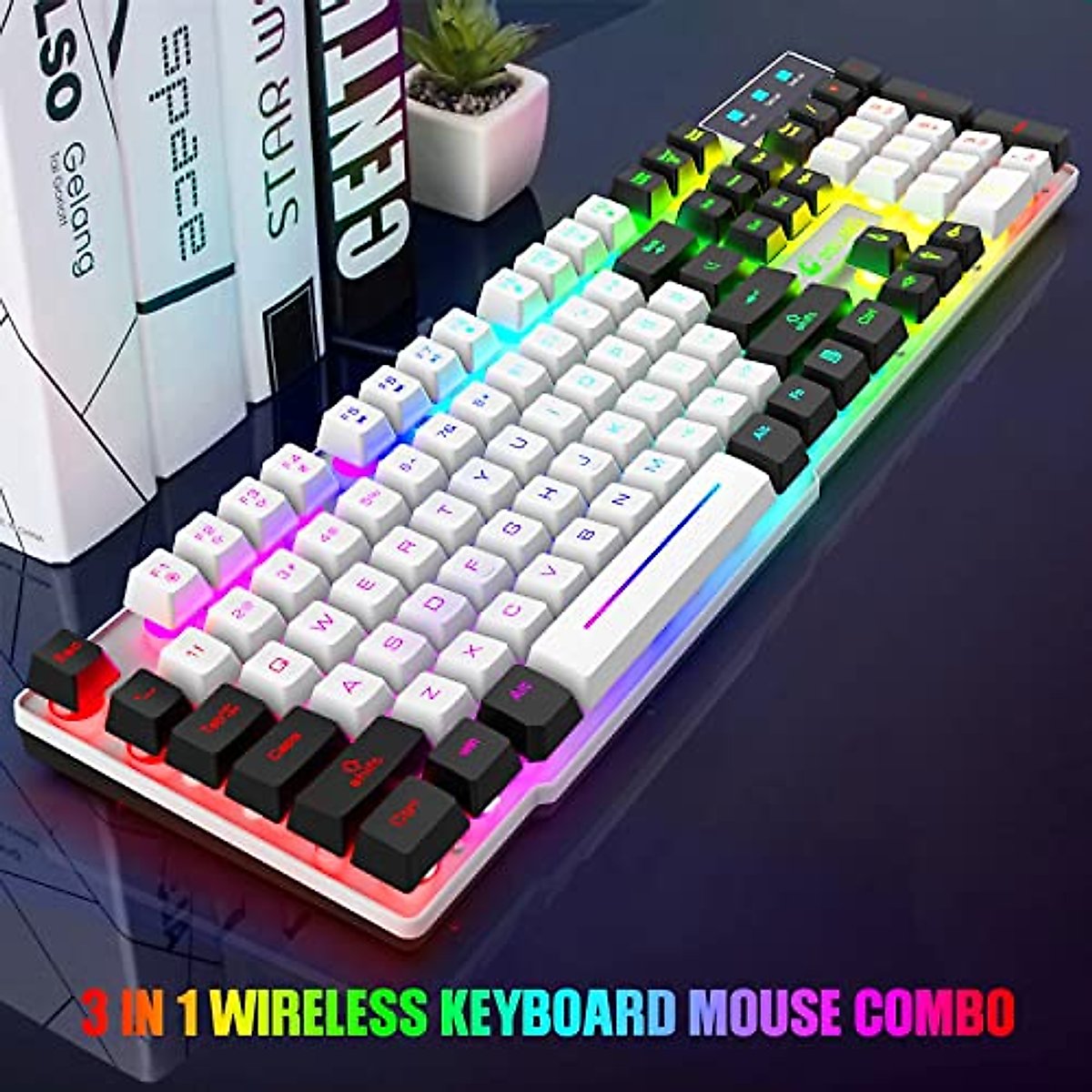 Wireless Gaming Keyboard and Mouse Combo Muti-Color Keycaps Rainbow Backlit Mechanical Feel Keyboard RGB Carck Luminescent Mice Mouse Pad for PC/Mac Gamer, Typist, Travel