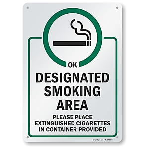 SmartSign 14 x 10 inch “Designated Smoking Area - Place Extinguished Cigarettes In Container Provided” Metal Sign, 40 mil Laminated Rustproof Aluminum, Green, Black and White