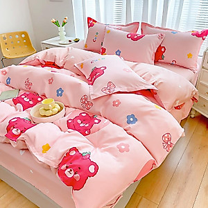 Sleepwish 3 Pieces Strawberry Bear Print Duvet Cover Set 79"x91" Pink Flowers Bedding Set for Kids Teens Girls Bed Cover with 2 Pillowcases