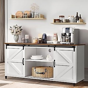 Farmhouse Coffee Bar Cabinet, 58” Kitchen Sideboard Buffet Cabinet with Storage, White Coffee Bar Table with Sliding Barn Door for Dinning Living Room