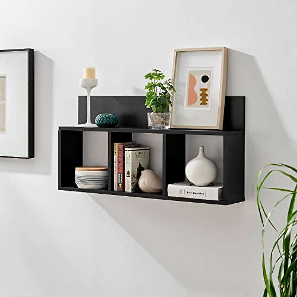 Danya B. Modern 3 Cube Floating Wall Shelf with Display Ledge - Easy to Hang Wall Mounted Triple Cubby Shelf (Black)