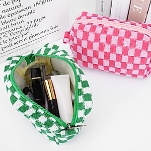 SOIDRAM 2 Pieces Makeup Bag Pouch Checkered Cosmetic Bag Pink Green, Travel Toiletry Bag Organizer Cute Makeup Brushes Storage Bag for Women