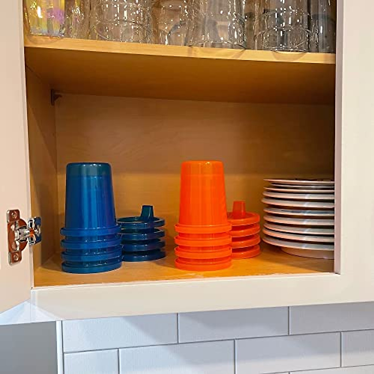 EJA Designs Sippy Cup for 1 Year Old and Toddlers with Attached Lid - Spill Proof, Stackable, Dishwasher Safe - 10 Oz, 4 Count - Never Lose a Lid Again - Baby Sippy Cups (Blue & Orange)