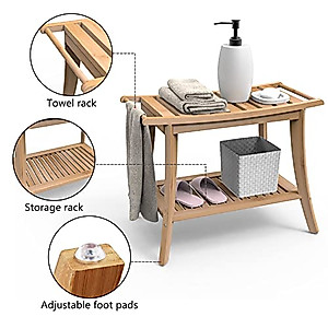 Jevindo Bamboo Shower Benches for Inside Shower, 2-Tier Teak Shower Bench with Storage Shelf & Non-Slip Feet, Wooden Spa Bathroom Storage Rack Stool for Indoor Outdoor Use, 24×12.1×17.6 inches