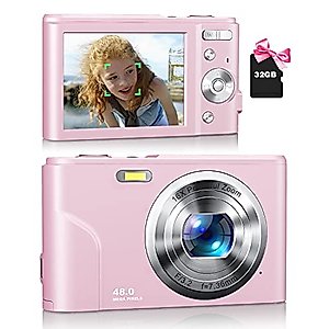Digital Camera, Zostuic Autofocus 48MP Kids Camera with 32 GB Card Vlogging Camera with 16X Zoom, 1080P Compact Portable Mini Cameras for 4-15 Year Old Kid Children Teen Student Girls Boys(Pink)