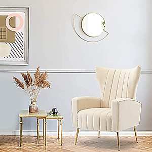 HOMEFUN Accent Chair Set of 2, Velvet Wingback Armchair Modern Upholstered Single Sofa with Metal Legs for Living Room Bedroom Nursery, Beige
