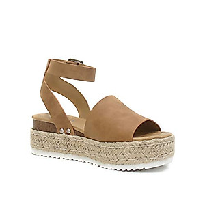 Soda Topic Open Toe Buckle Ankle Strap Espadrilles Flatform Wedge Casual Sandal (10, Tan)