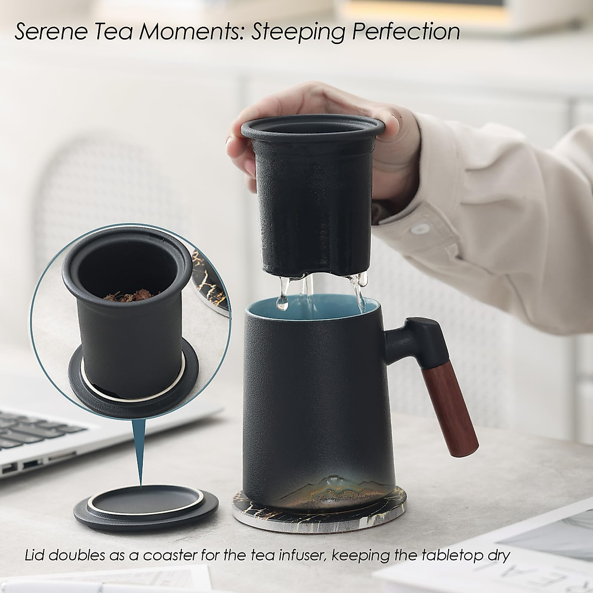 Ochcahser Tea Cup with Infuser and Lid, 15.2 Ounces Artistic Mountain Embossed Ceramic Tea Mug with Absorbent Coaster for Loose Leaf Tea, Ergonomic Bamboo Handle Tea Steeping Mug for Tea Lovers