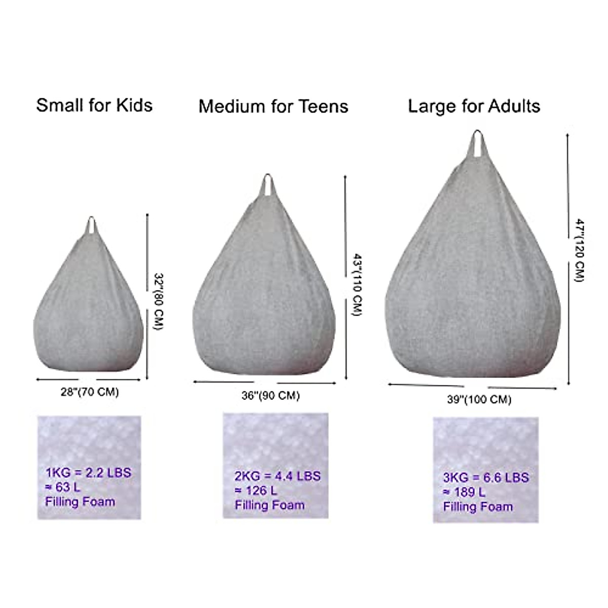 KOCKABC Bean Bag Chair Cover (No Filler), Upgrade Stuffed Animal Storage Bean Bag Chair Cover, Washable Cotton Linen Zipper Beanbag Replacement Cover (Light Gray, L: 39x47 inch)